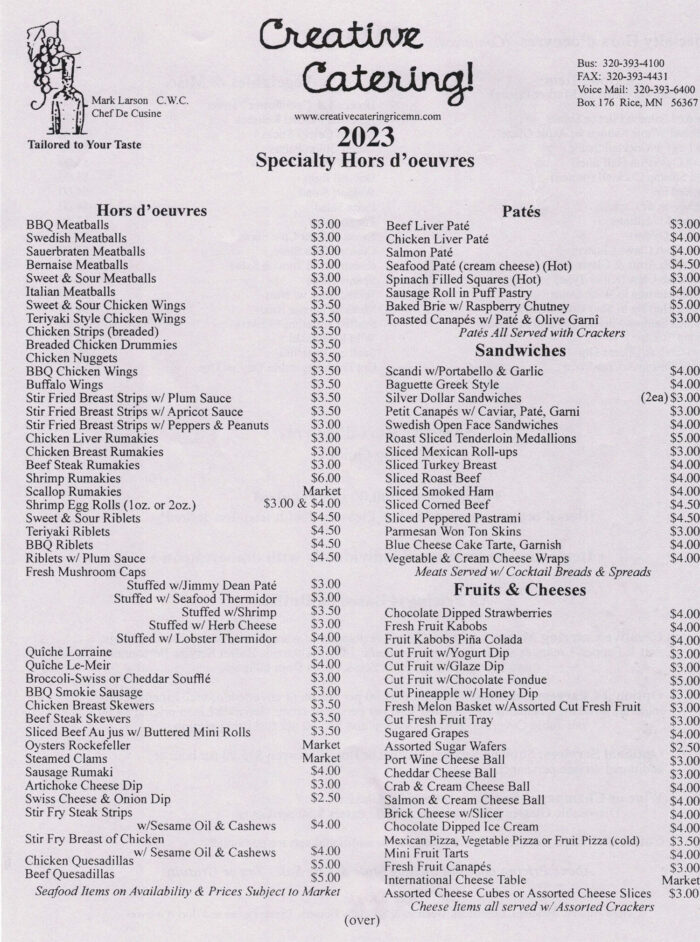 Menus - Creative Catering